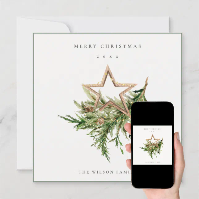 Star Ornament Pine Branch Fauna Merry Christmas Holiday Card | Zazzle