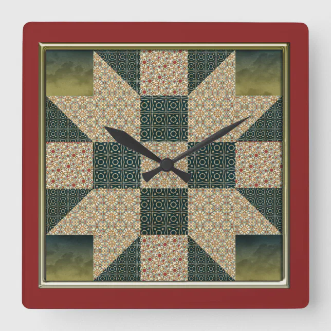 Star Patch Quilt Block Gold & Green no numbers Square Wall Clock | Zazzle