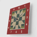 Star Patch Quilt Block Gold & Green Square Wall Clock | Zazzle
