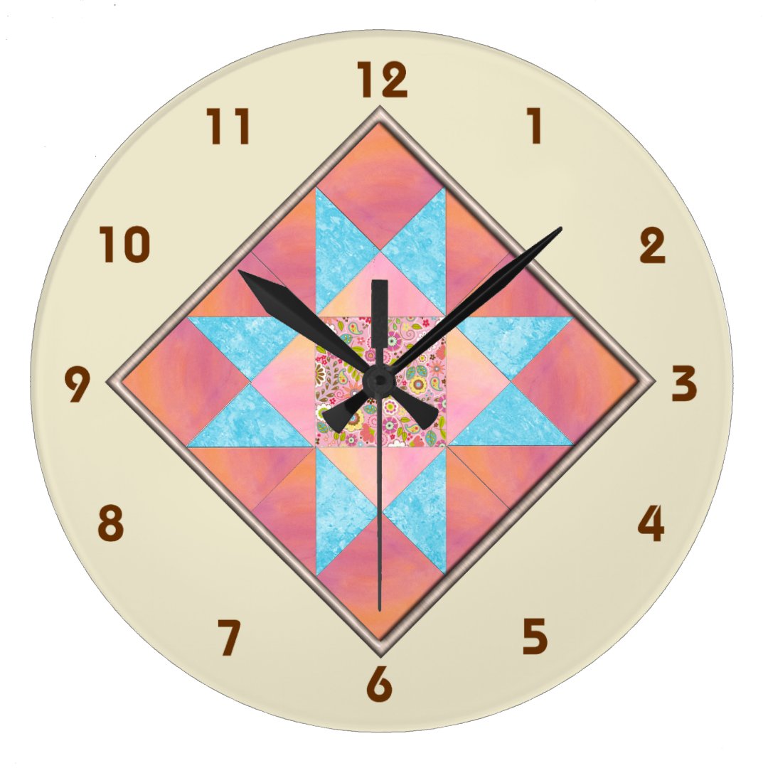 Star Patch Sunset & Water Quilt Block Large Clock | Zazzle