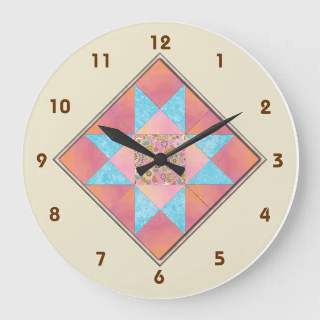 Star Patch Sunset & Water Quilt Block Large Clock | Zazzle