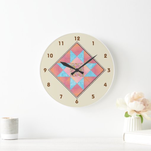Star Patch Sunset & Water Quilt Block Large Clock | Zazzle