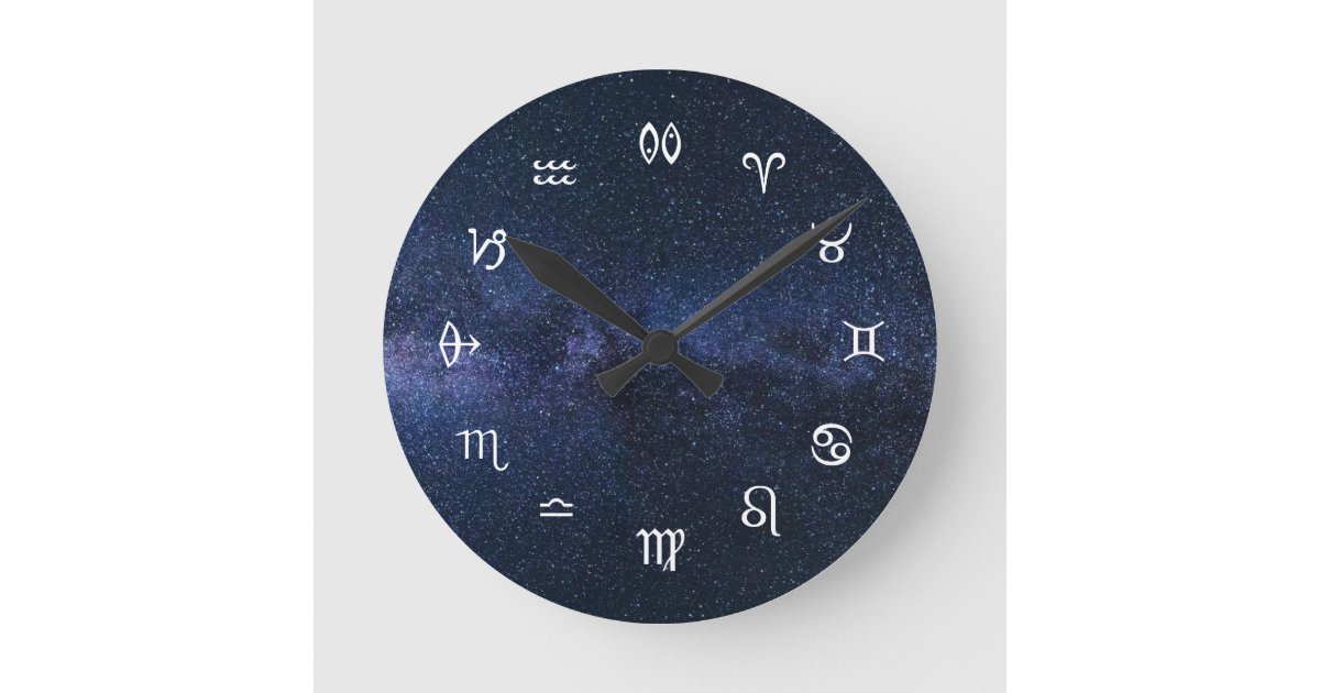 Star Signs: astrology symbols on starry sky Round Clock | Zazzle