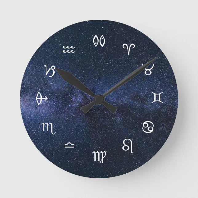 Star Signs: astrology symbols on starry sky Round Clock | Zazzle
