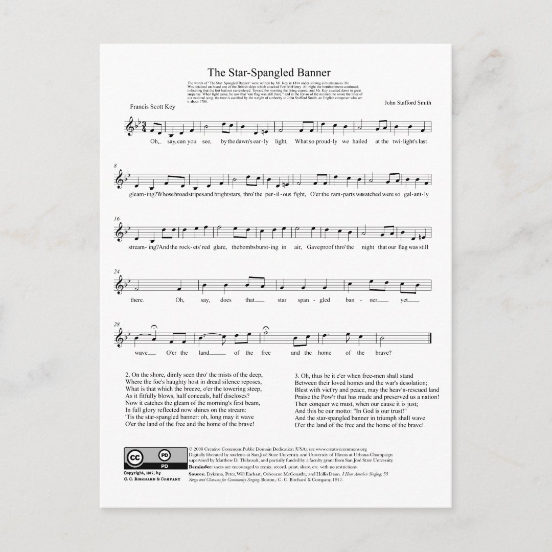 Star-Spangled Banner National Anthem Music Sheet Postcard | Zazzle