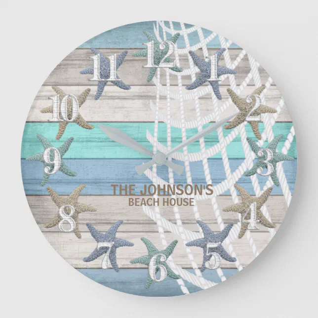Starfish and Beach Wood Nautical - Blue Teal Large Clock | Zazzle