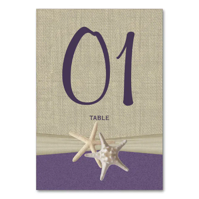 Starfish and Burlap Purple Table Number Card | Zazzle