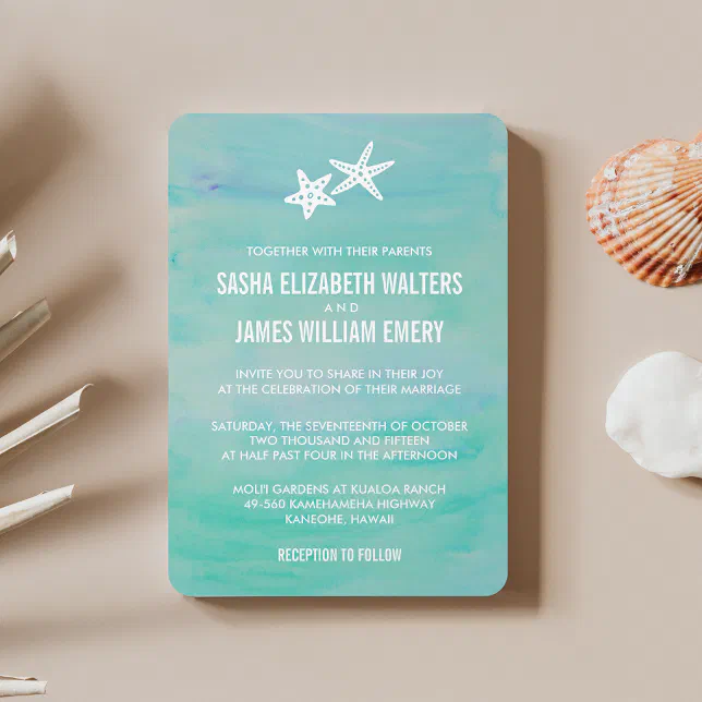 Starfish Aqua Beach Wedding Invitations | Zazzle