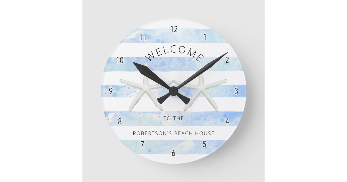 Starfish Beach Blue and White Modern Simple Stripe Round Clock | Zazzle