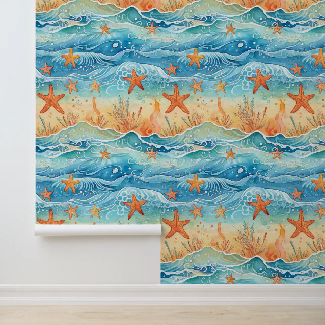 Starfish Beach Waves Ocean Sea Pattern Wallpaper | Zazzle