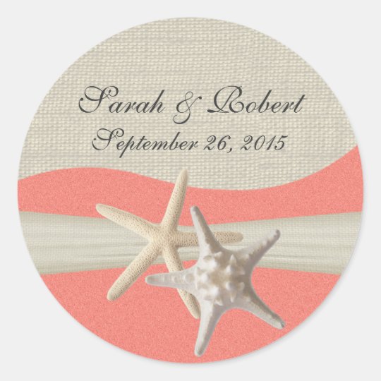 Starfish & Burlap Shell Coral Classic Round Sticker | Zazzle.com