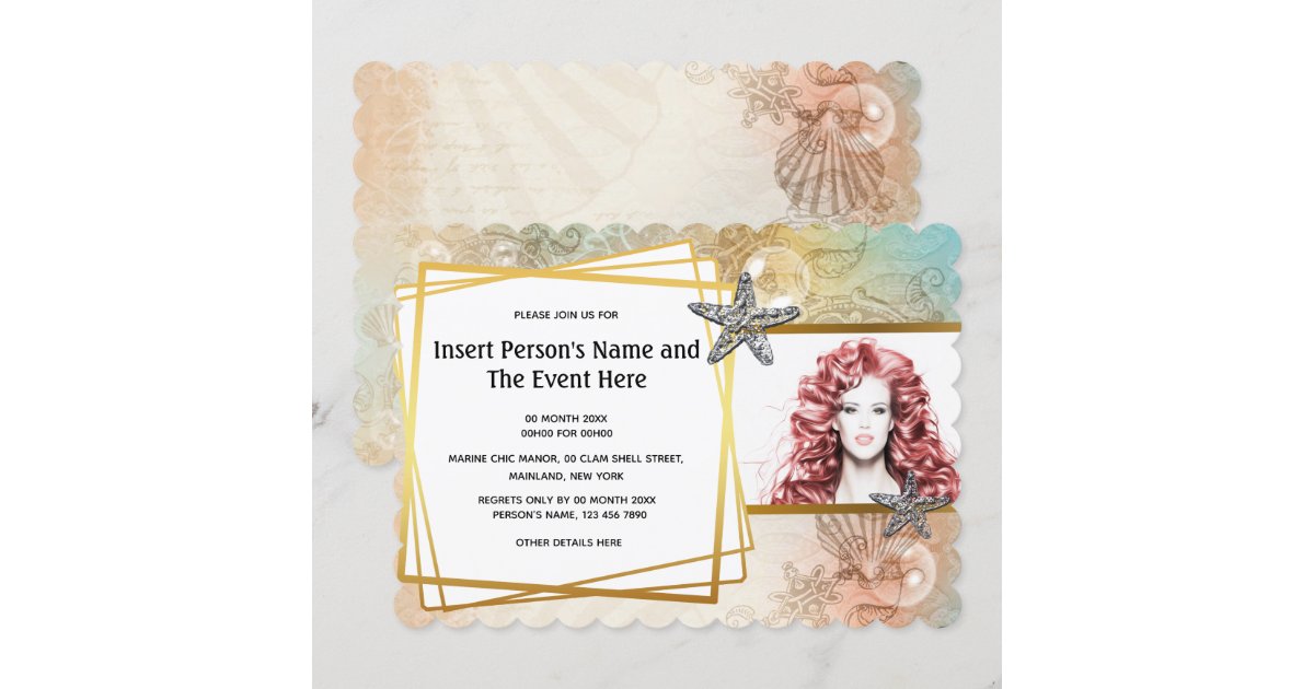 Starfish clam shell geometric gold photo party invitation | Zazzle