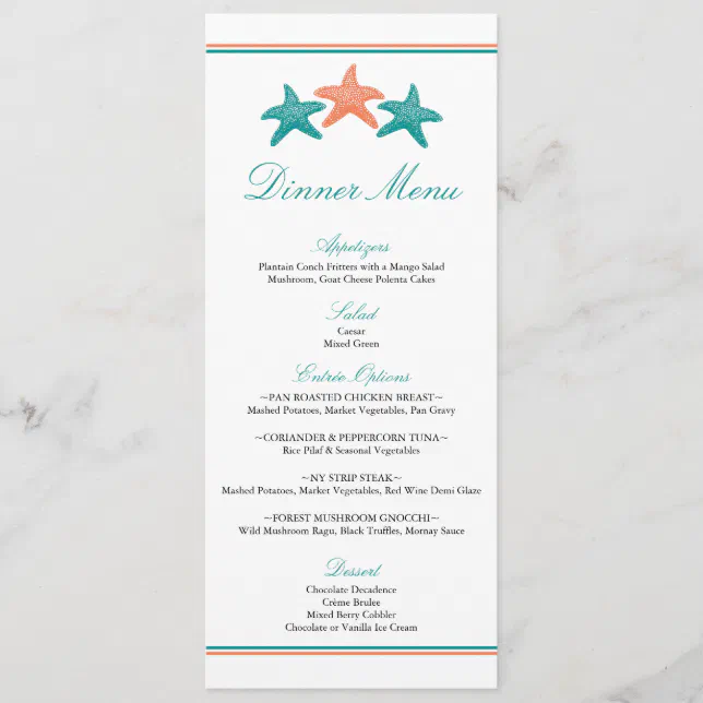Starfish Dinner Menu | Zazzle
