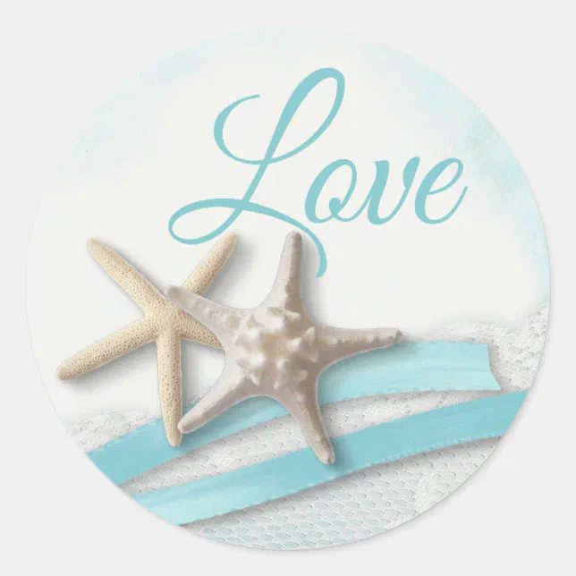 Starfish Love Ocean Blue Ribbon and Lace Classic Round Sticker | Zazzle