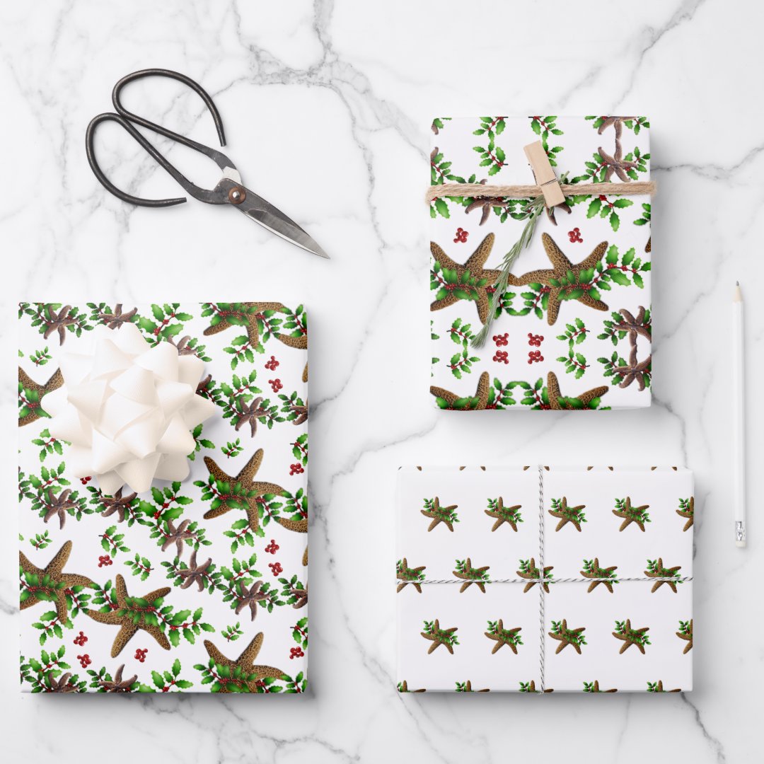 Starfish n Holly Tropical Christmas Pattern White Wrapping Paper Sheets ...