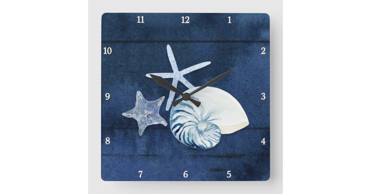 Starfish Nautilus Sea Watercolor Shells Beach Blue Square Wall Clock ...