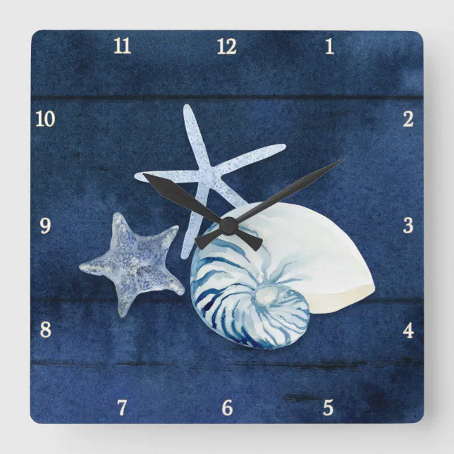 Starfish Nautilus Sea Watercolor Shells Beach Blue Square Wall Clock ...