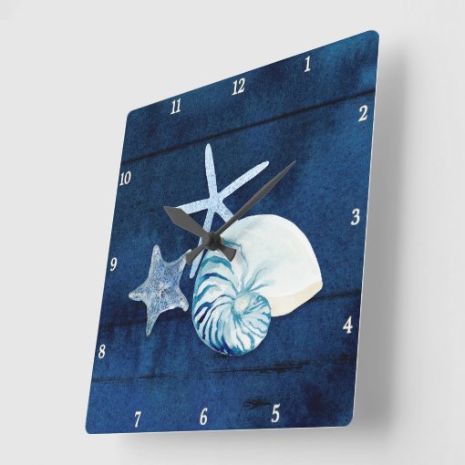 Starfish Nautilus Sea Watercolor Shells Beach Blue Square Wall Clock ...
