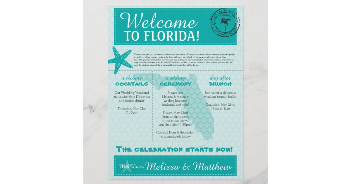 Starfish Ocean Teal Florida Wedding Welcome Letter | Zazzle