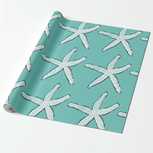 Starfish Pattern Beach Coastal Teal Blue Christmas Wrapping Paper | Zazzle