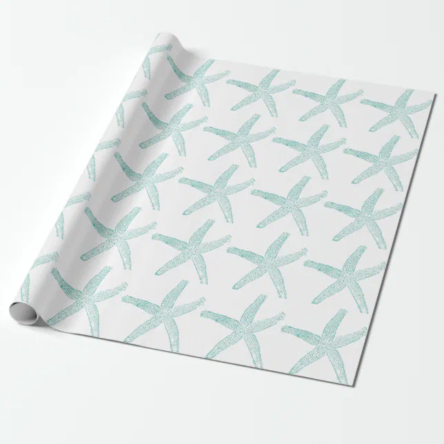 Starfish Pattern Beach Coastal Teal Blue White Wrapping Paper | Zazzle
