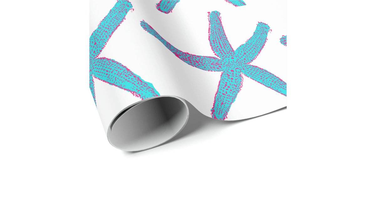 Starfish Pattern Teal Pink White Beach Christmas Wrapping Paper | Zazzle