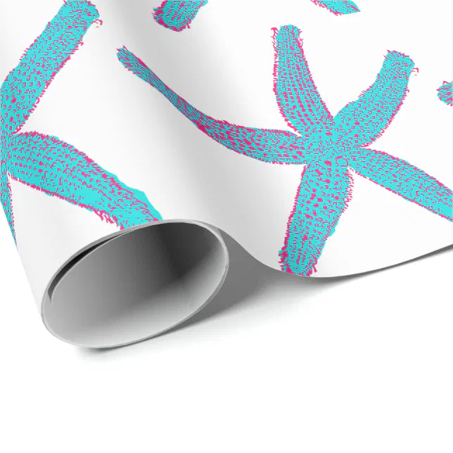 Starfish Pattern Teal Pink White Beach Christmas Wrapping Paper | Zazzle