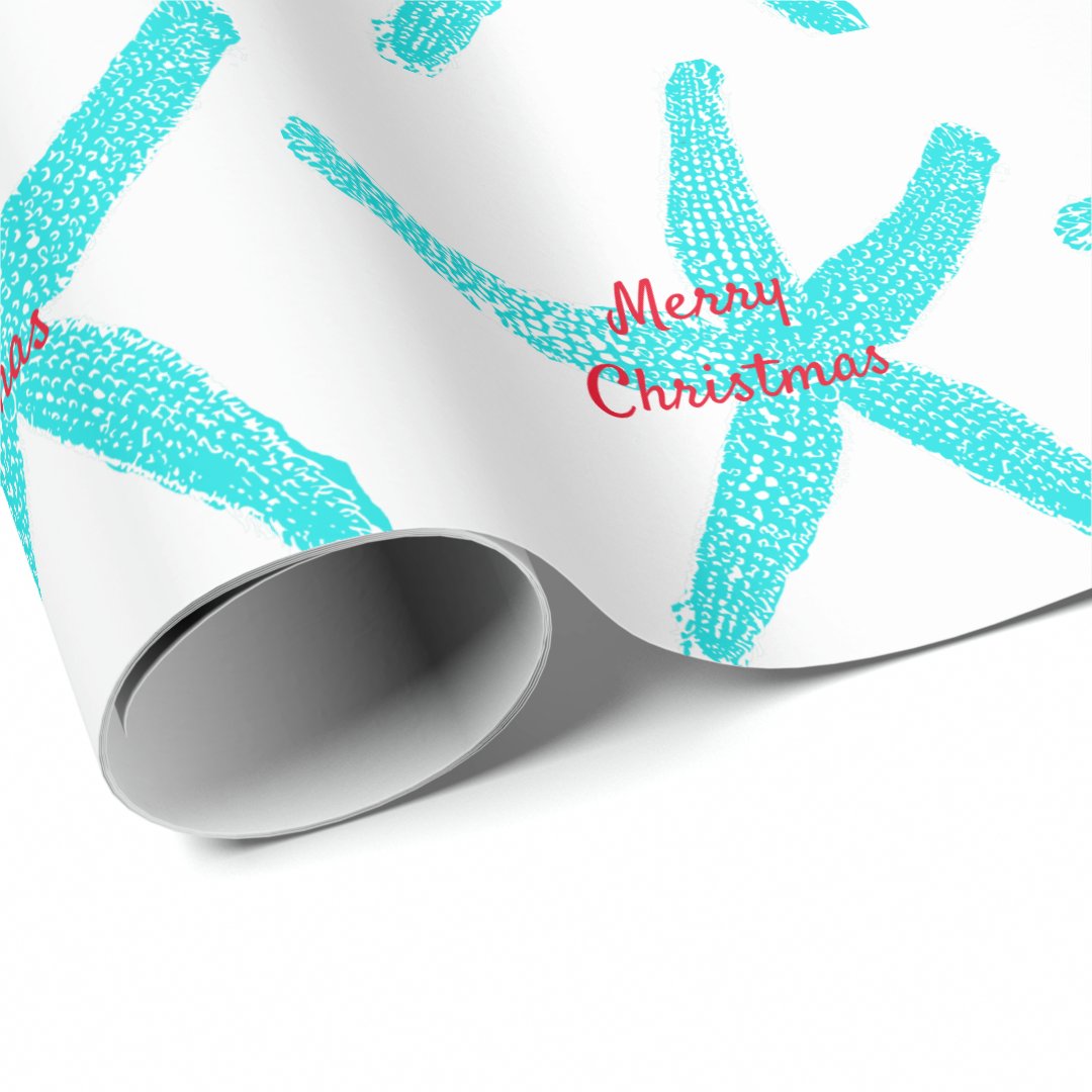 Starfish Patterns Teal Red Beach Merry Christmas Wrapping Paper | Zazzle
