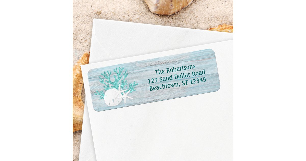 Starfish Sand Dollar Aqua Glitter Wood Label | Zazzle