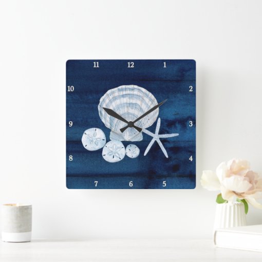 Starfish Sea Shells Beach Sand Dollar Blue n White Square Wall Clock ...