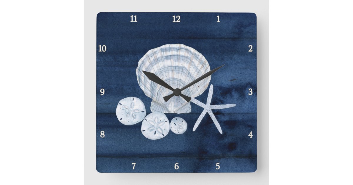 Starfish Sea Shells Beach Sand Dollar Blue n White Square Wall Clock ...