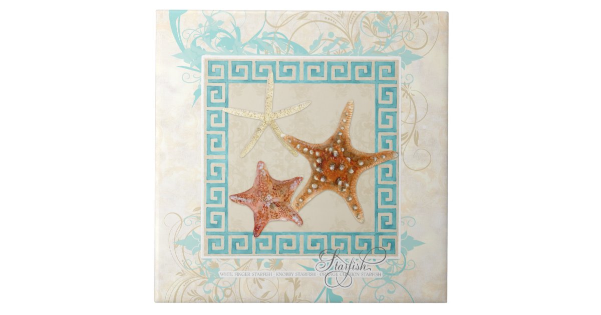 Starfish Sea Shells Ocean Greek Key Pattern Beach Ceramic Tile | Zazzle