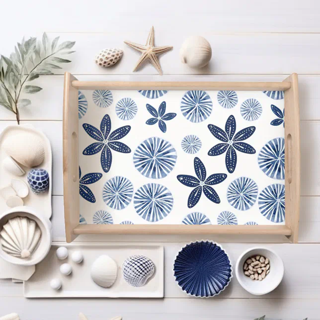 Starfish Seashell Blue White Serving Tray | Zazzle