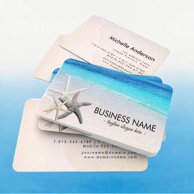 Starfish Seashells on Beautiful Beach Custom Business Card | Zazzle