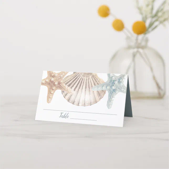 Starfish Seashells Tropical Beach Wedding Place Card | Zazzle