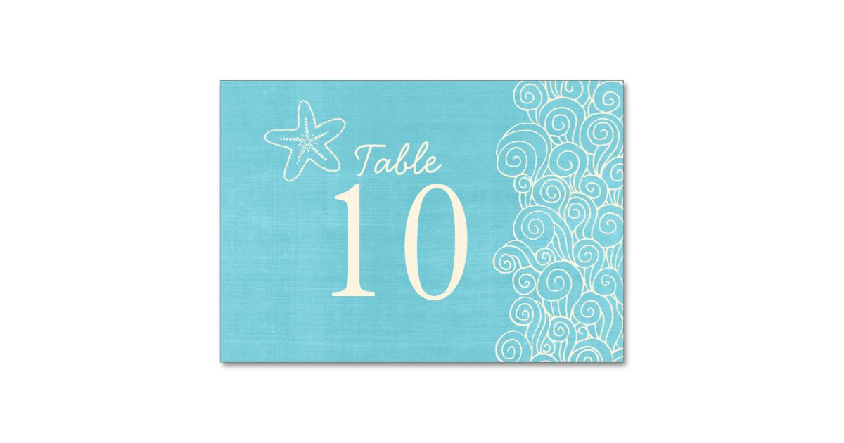 Starfish swirls aqua beach wedding table numbers | Zazzle