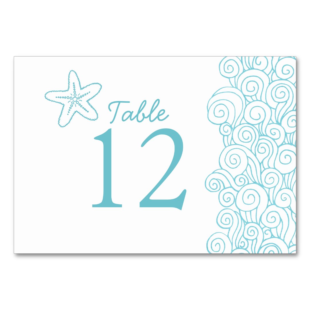 Starfish swirls aqua beach wedding table numbers | Zazzle