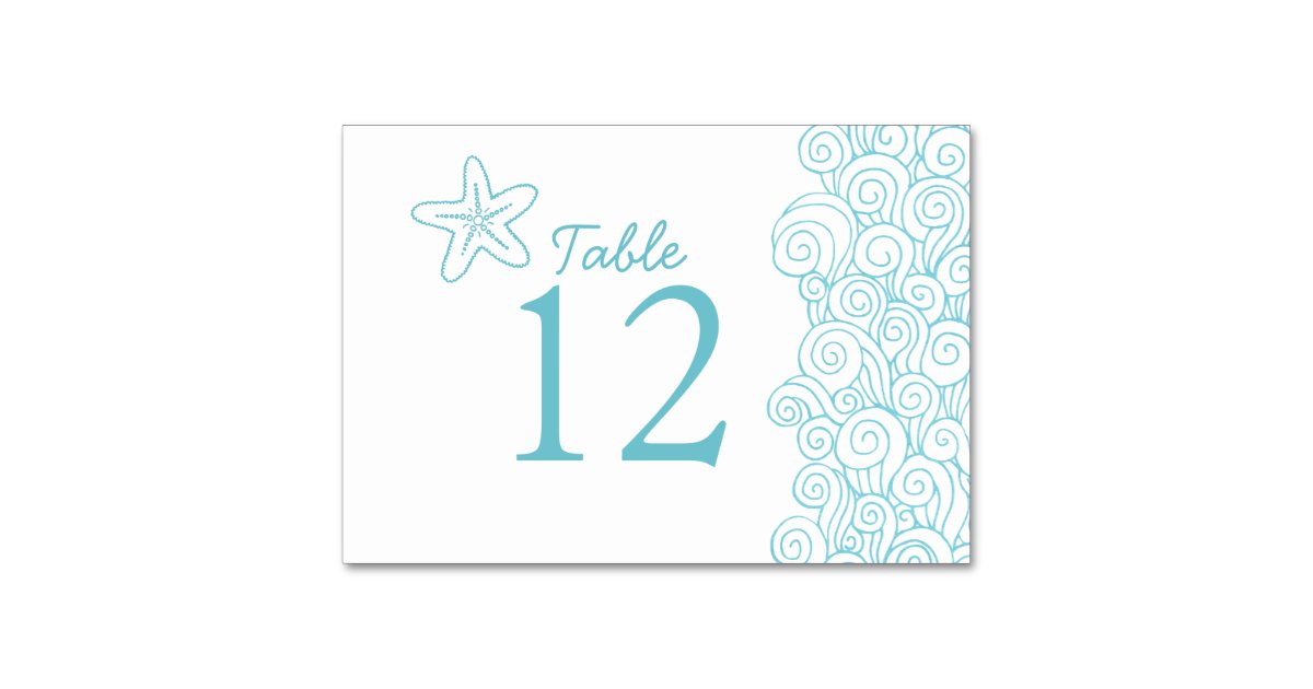 Starfish swirls aqua beach wedding table numbers | Zazzle