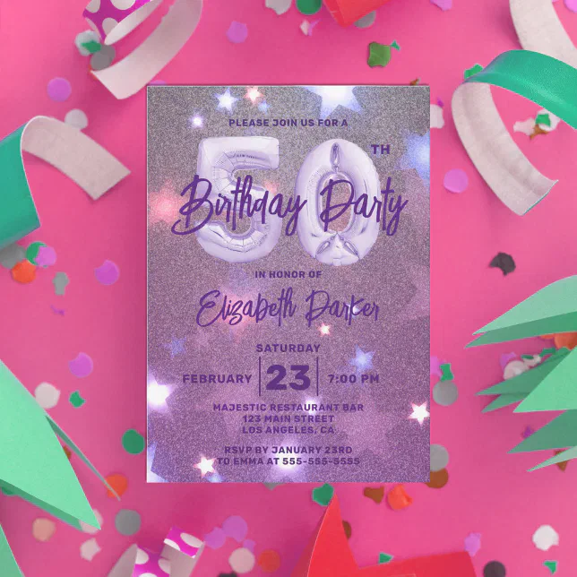 Starry Glittery Magenta 50th Birthday Invitation | Zazzle