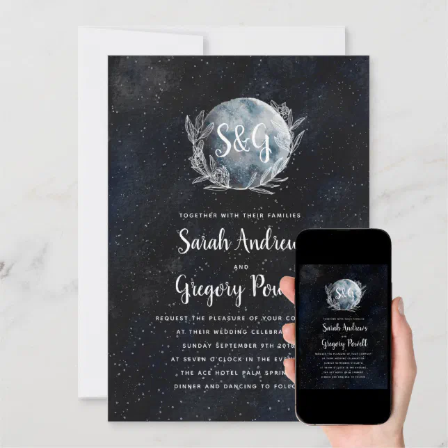 Starry Moonlit Night Monogram Wedding Invitation | Zazzle