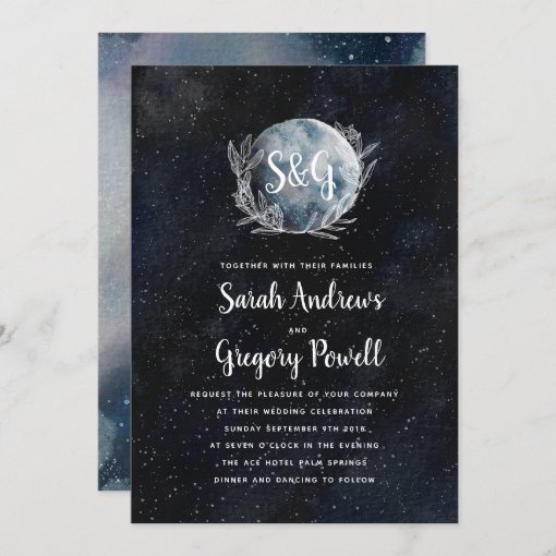 Starry Moonlit Night Monogram Wedding Invitation | Zazzle