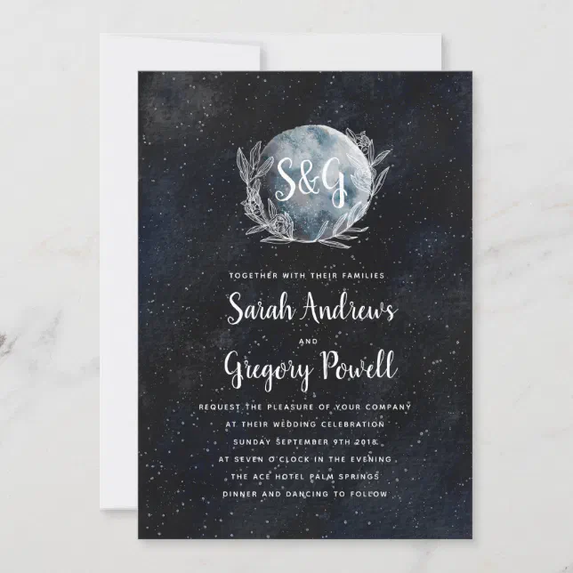 Starry Moonlit Night Monogram Wedding Invitation | Zazzle