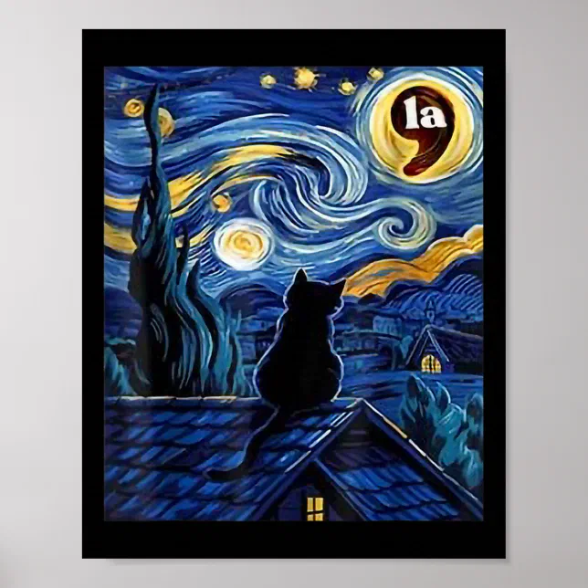 Starry Night Black Cat Comma La Kamala Harris Poster | Zazzle
