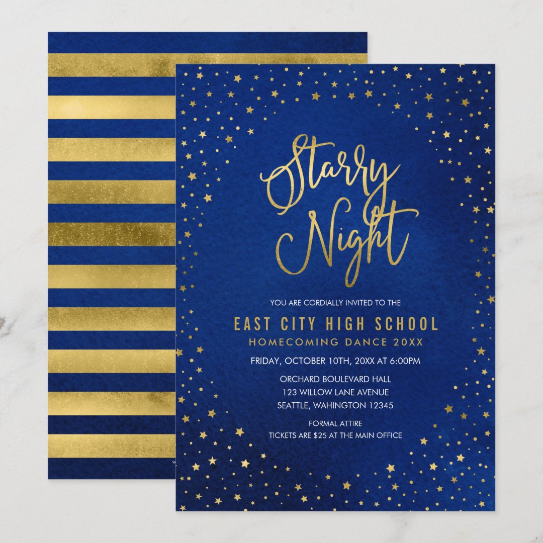 Starry Night Blue Watercolor Faux Gold Scool Dance Invitation | Zazzle
