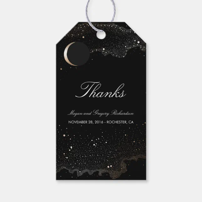 Starry Night Crescent Moon Black and Gold Wedding Gift Tags | Zazzle