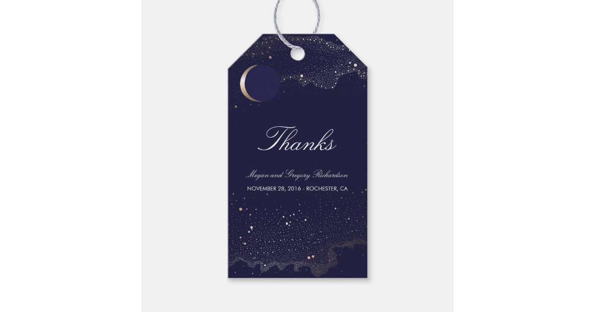 Starry Night Crescent Moon Navy and Gold Wedding Gift Tags | Zazzle
