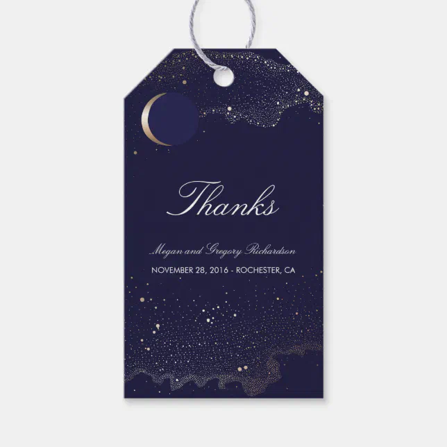 Starry Night Crescent Moon Navy and Gold Wedding Gift Tags | Zazzle