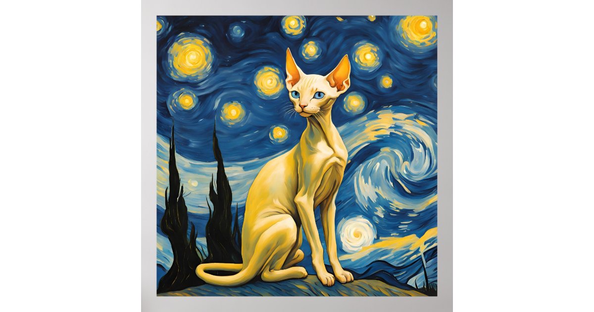 Starry Night Elf Sphinx Cat Van Gogh Art Painting Poster | Zazzle