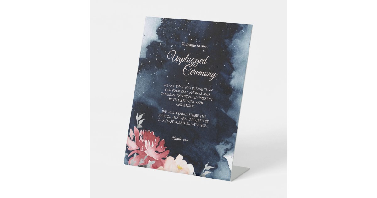 Starry Night Floral Wedding Unplugged Ceremony Pedestal Sign | Zazzle