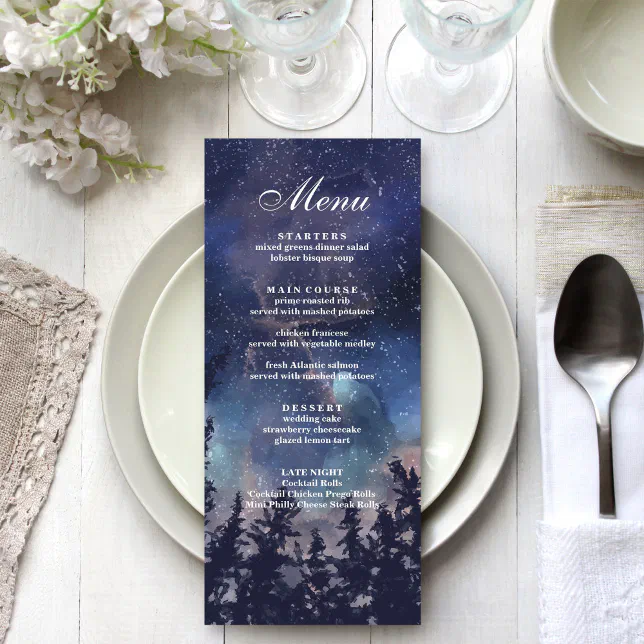 Starry Night Forest Wedding Menu Card | Zazzle
